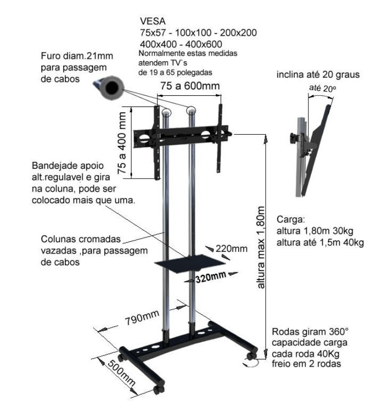 AGEM TECNOLOGIA LTDA - SUPORTE DE TV DE CHÃO COM RODÍZIOS 19” A 65 ...